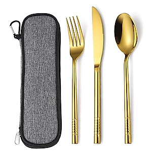 AARAINBOW Portable Travel Utensils with Case, 3 Pcs Heavy Duty Stainless Steel Cutlery Set Reusable Flatware Personal Silverware Set Include Fork Spoon Knife for Office Camping Picnic (Golden)