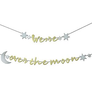 We’re Over The Moon Banner，Creative Alphabet Party Banner，Over The Moon Baby Shower Decoration，Golden Glitter Party Wall Decoration，Wedding Bridal Shower Baby Shower Anniversary Party Decorations