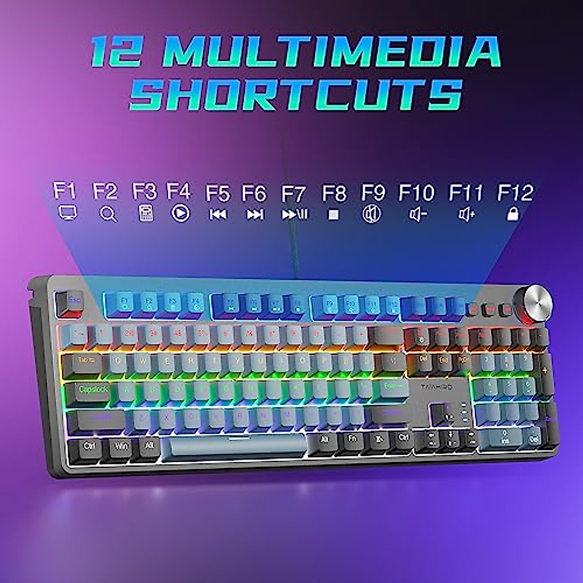 Mechanical Gaming Keyboard, RGB Backlit 104 Keys Full Size Keyboard with Multimedia Knob, Double Shot Keycaps, Full Anti-Ghosting, Blue Switch Wired Computer Keyboard for Windows PC Mac Xbox Gamer