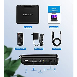 WONNIE 9.5" Portable DVD Player for Kids, Car Headrest Video Players with 7.5" Swivel Screen, 5-Hours Rechargeable Battery, Regions Free, AV in/Out, Support USB/SD Card/Sync TV
