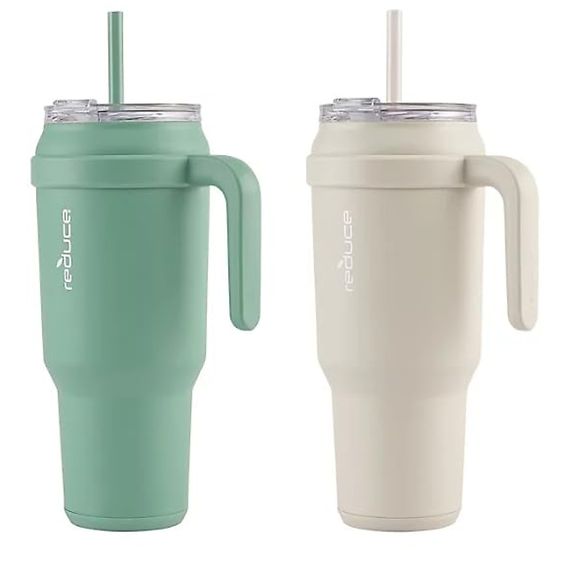 REDUCE 50 oz Mug Tumbler with Handle & Straw - Stainless Steel with Sip-It-Your-Way Lid - Keeps Water Cold up to 50 Hours - SweatProof, Dishwasher Safe, BPA Free - 2 Pack, Green / Beige
