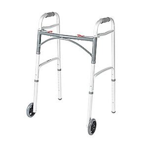 Drive Medical 10210-1 2-Button Folding Walker with Wheels, Rolling Walker, Front Wheel Walker, Lightweight Walkers for Seniors and Adults Weighing Up To 350 Pounds, Adjustable Height, Silver