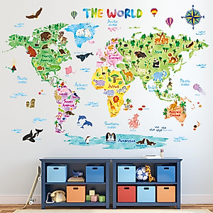 DECOWALL DL3-1615 XLarge Animal World Map Kids Wall Stickers (61x43 inch) Wall Decals Peel and Stick Removable Wall Stickers for Kids Nursery Bedroom Living Room décor