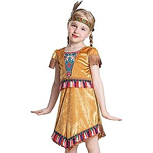 IKALI Girls Native American Costume, Kids Indian Costume Toddlers Children Halloween Role Play Costume Outfit Dress-Up Set