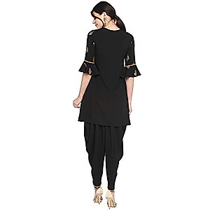 Janasya Indian Women's Black Poly Crepe Kurti with Dhoti Pant(SET182-KR-DH)