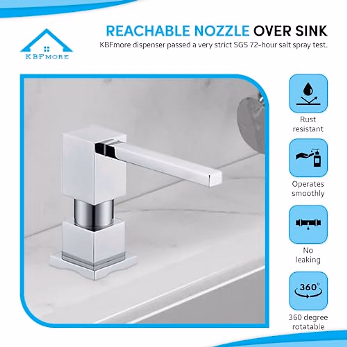 KBFmore 350 ml Square Polished Chrome Finish Kitchen Soap or Lotion Dispenser Fingerprint, Spot and Rust Resistant Stainless Steel 360 Degree Swivel Spout with Countertop Design PET Bottle