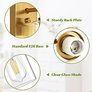 Wall Sconces, Gold Bathroom Light Fixtures, Modern Vanity Lights, Sconces Wall Lighting with Clear Glass, Sconces Wall Decor Set of 2, Wall Light Fixture for Mirror, Living Room, Bedroom, Hallway, E26