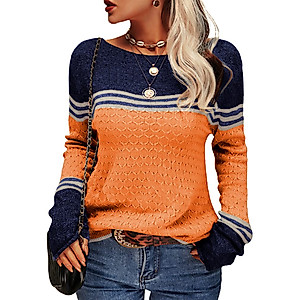 Danedvi Women Autumn Winter Colorblock Pullover Sweaters Round Neck Striped Slim Fitting Knitwear Tops Orange