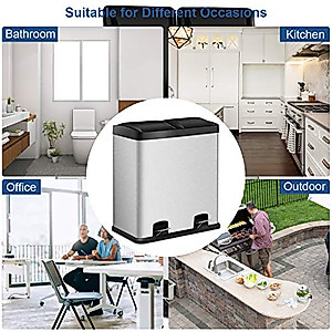 Costzon Double Compartment Classified Step Trash Can, 16 Gallon Stainless Steel Pedal Bin, 2 x 30L Removable Buckets w/Carry Handle, Garbage Classification Recycle for Home, Kitchen, Restaurant