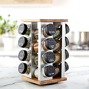 Kamenstein 16 Jar Warner Revolving Countertop Spice Rack Organizer with Lift & Pour Caps and Spices Included, FREE Spice Refills for 5 years, Stainless Steel & Bamboo with Black Caps
