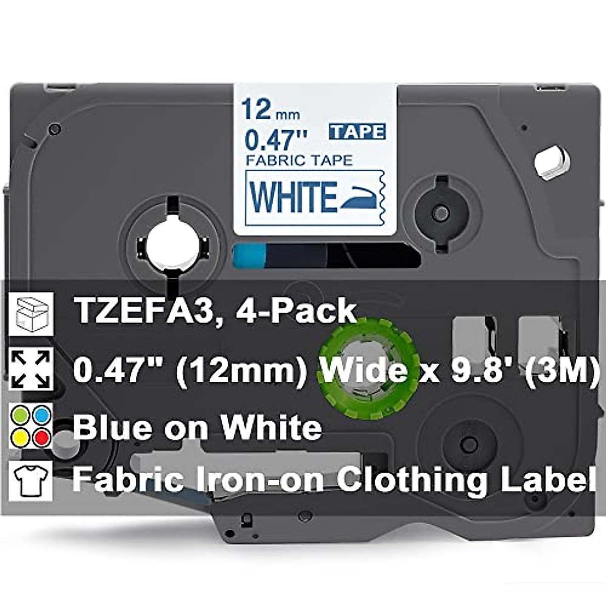 Fimax Compatible Fabric Iron-on Clothing Label Replacement for Brother P Touch Fabric Tape TZe-FA3 TZeFA3 Tape 12mm 0.47'' for PT-D210 PT-D400 PT-H100 PT-D200 PT-D600 Labelmakers (Blue on White,4PK)