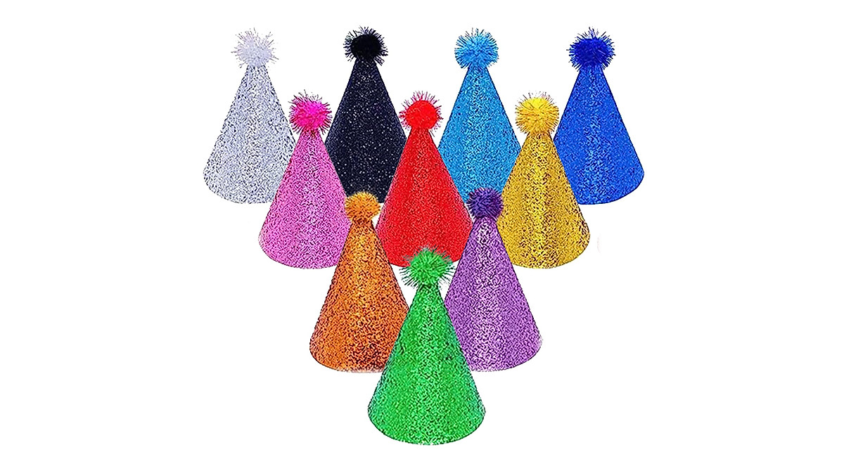 Pai Sence Glitter Pom-Pom Party Hats - 10 Pcs Adjustable Cone Hats