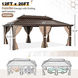 EROMMY 12'x20' Hardtop Gazebo Double Roof Galvanized Steel Canopy Outdoor Aluminum Frame Permanent Metal Pavilion with Netting and Curtains for Patio Backyard Deck and Lawns