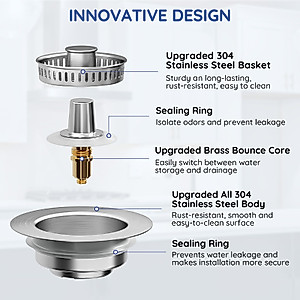Upgraded 3 in 1 Kitchen Sink Drain Strainer - Stainless Steel Pop Up Sink Stopper, Anti-Clogging Sink Basket, Fast Drainage Kitchen Sink Plug for US Standard 3-1/2 Inch Drain