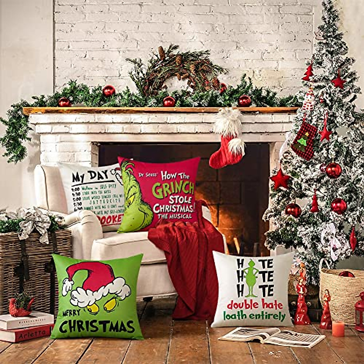 Christmas Pillow Covers 18x18 Set of 4 for Christmas Decorations,Grinch Christmas Decorations Throw Pillow Covers Merry Christmas Grinch Pillow Cases Christmas Pillows for Sofa Couch Indoor Outdoor
