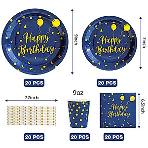 Kederwa Navy Blue and Gold Happy Birthday Plates and Napkin Party Supplies, 20 Guest Birthday Paper Plates and Cup Napkin Straws for Blue and Gold Party Tableware