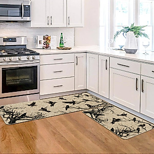 Artoid Mode Crows Tree Branches Halloween Kitchen Mats Set of 2, Home Decor Low-Profile Kitchen Rugs for Floor - 17x29 and 17x47 Inch