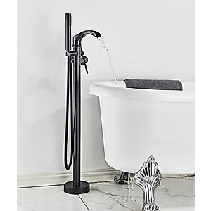 Votamuta Modern Dual Function Floor Mount Tub Filler Freestanding Bathtub Faucet Oil Rubbed Bronze Waterfall High Flow Standing Tub Faucets With Hand Shower Head Mixer Taps