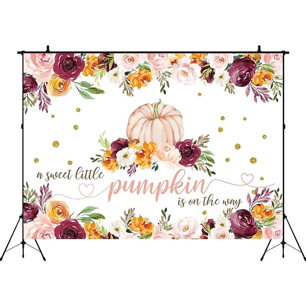 Aperturee 7x5ft Fall Pumpkin Baby Shower Backdrop Autumn Red Pink Yellow Floral Gold Glitter Photography Background A Sweet Pumpkin is On The Way Girl Princess Thanksgiving Photo Studio Booth Banner