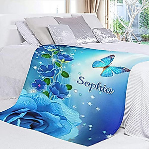 Blue Butterfly Blue Roses Personalized Name Soft Fleece Bed Blankets Throws as Birthday Wedding Gifts for Sofa Couch 50'' x 60''