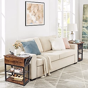Side Table Living Room with Side Opening and Flip Top, 12" D x 24" W x 28" H, Narrow End Table Rustic End Tables with USB Ports and Outlets, Narrow Side Table(2 Pack)