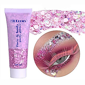 Yeweian Pink Body Face Glitter Gel, Liquid Holographic Chunky Glitter Singer Concerts Music Festival Rave Accessories, Mermaid Lip Eye Nails Hair Body Glitter Makeup, 50g
