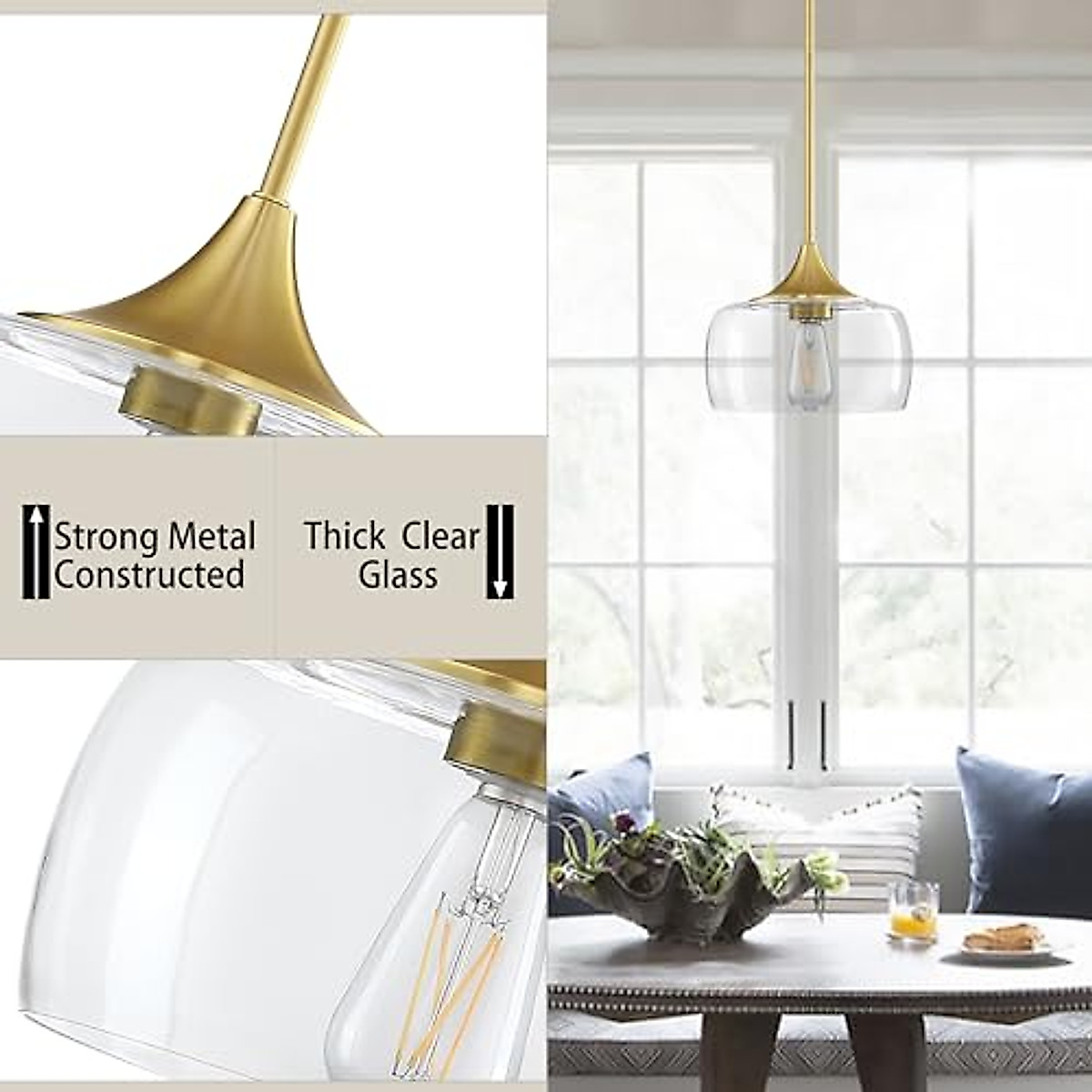 1 Light Semi Flush Mount Ceiling Light Pendant Light Modern Handblown Clear Glass Shade Classic for Farmhouse, Entryway, Dining Room, Kitchen Island (1 Pack, 10" Gold Pendant Light)
