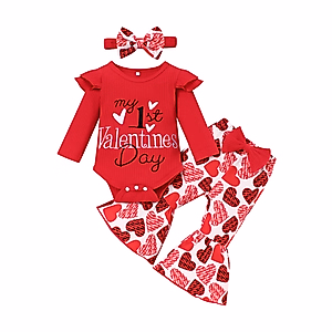 My First Valentines Day Baby Girl Outfit Newborn Baby Bodysuit + Ruffle Bell Bottom Pants + Headband Valentines Clothes Set