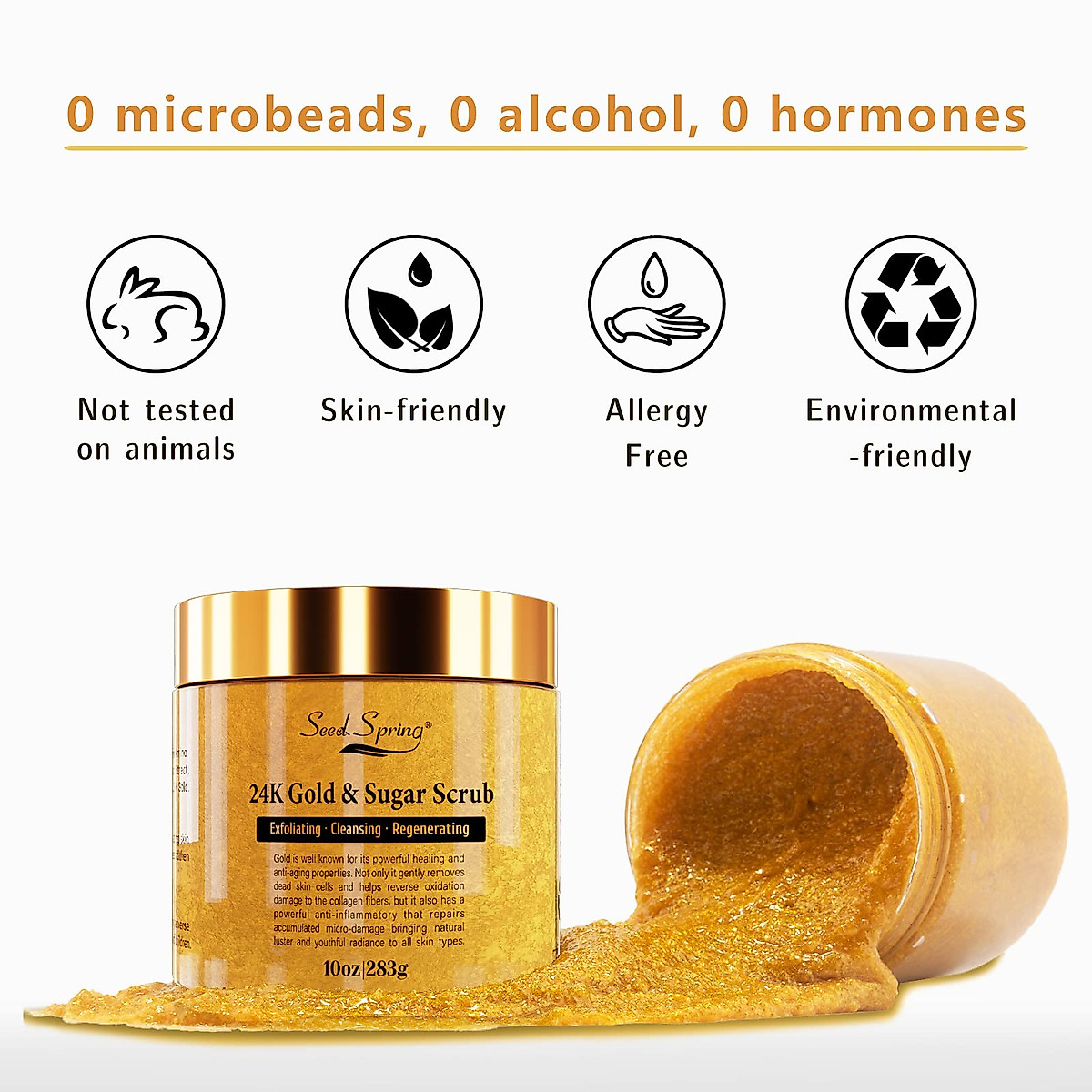 Seed Spring 24K Gold & Sugar Body Scrub - Exfoliating Body Scrub - Moisturizing & Deep Cleansing - Remove Dead Skins - Anti Aging Hydrating Body Scrub for Women Men - 10 oz