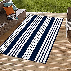 OJIA Blue and White Outdoor Rug 3’x 5‘ Cotton Hand Woven Striped Front Porch Rug Machine Washable Indoor Outdoor Rugs Farmhouse Layered Door Mat for Entryway/Kitchen/Laundry/Living Room/Bathroom