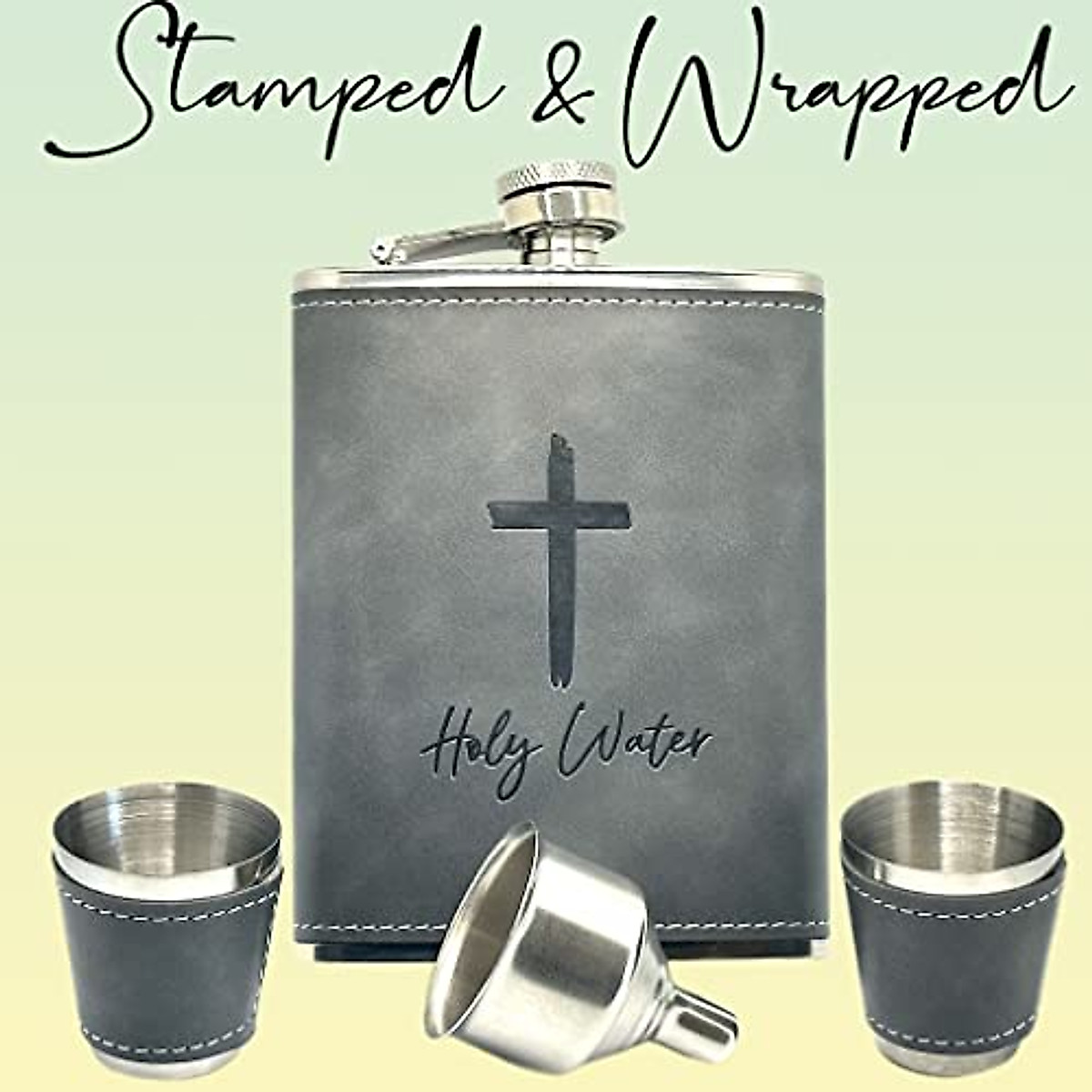 Holy Water Flask Gift With 2 Cups. 8 Oz Hip Funny Flask, Stainless Steel & Stamped Leather Wrapped Style With Gift Box. ChristmasGift For Men, Dad, brother or Groom. (Holy Water)