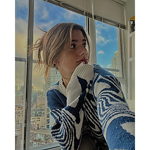 Aelfric Eden Oversized Graphic Sweater Color Block Knitted Pullover Crewneck Casual Streetwear Sweaters Blue