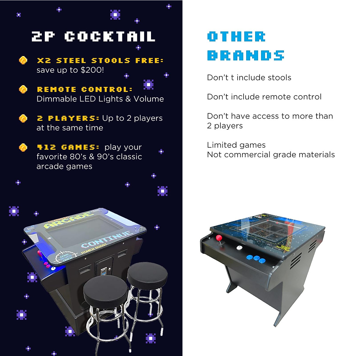 Creative Arcades Full Size Commercial Grade Cocktail Arcade Machine | 412 Games | 26" LCD Screen | 9" Riser | Square Glass Top | 2 Sanwa Joysticks | Trackball | 2 Stools Included | 3 Year Warranty