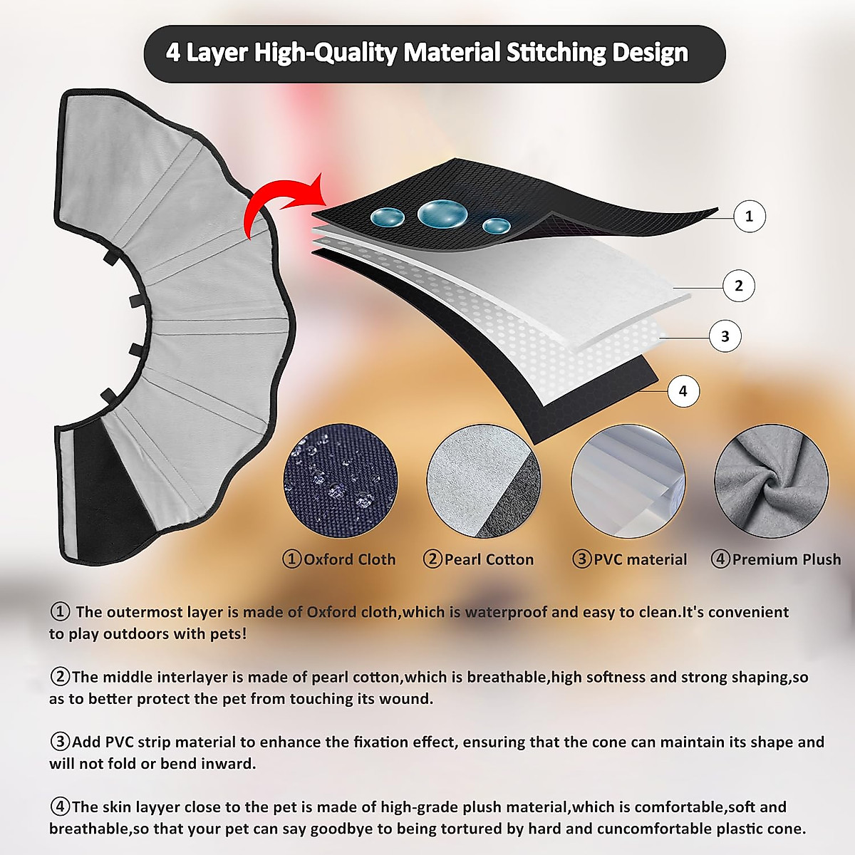 Dog Cone Collar for After Surgery, Soft Pet Recovery Collar for Dogs, Comfort Cone Protective Collar for Large Medium Dogs, with Interior Made of Comfortable Plush Material&PVC Fixing Strip-M1