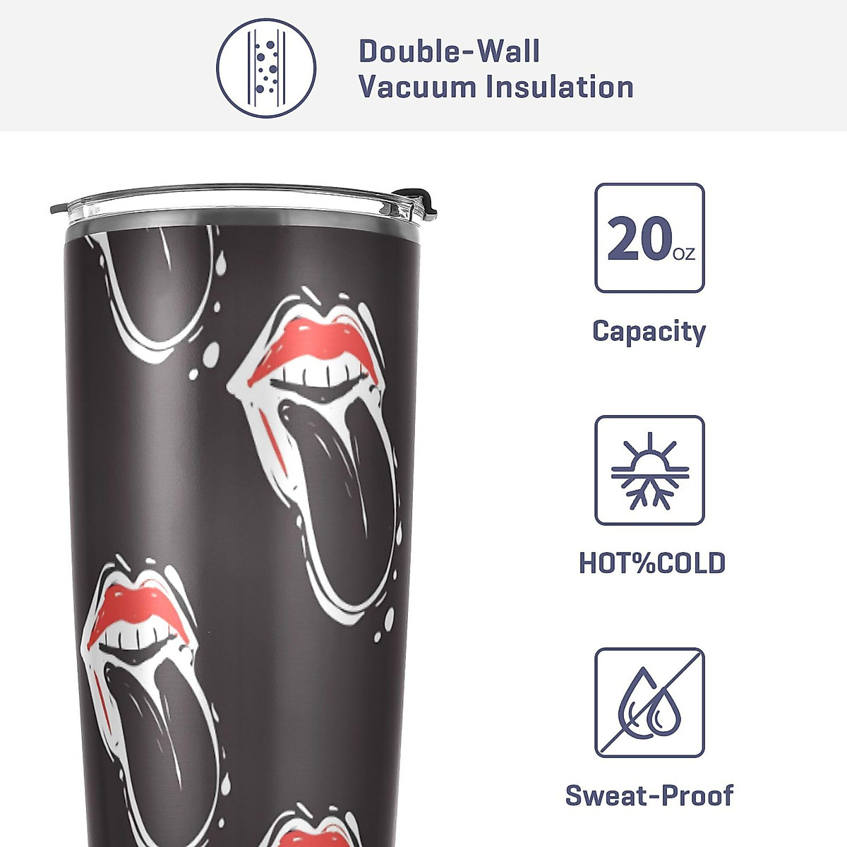 Rock Roll Red Lips Tumbler Bottle with Lid and Straw 20oz Insulated Coffee Ice Cup Vacuum Stainless Steel Shaker Bottle Travel Mug Water Cup Gifts