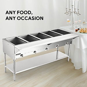 WILPREP 5 Well Natural Gas Food Warmer, 17,500BTU Commercial Gas Steam Table with 8" Cutting Board & Storage Shelf, 72" LP NG Stainless Steel Steam Table Food Warmer for Catering Buffets Restaurants