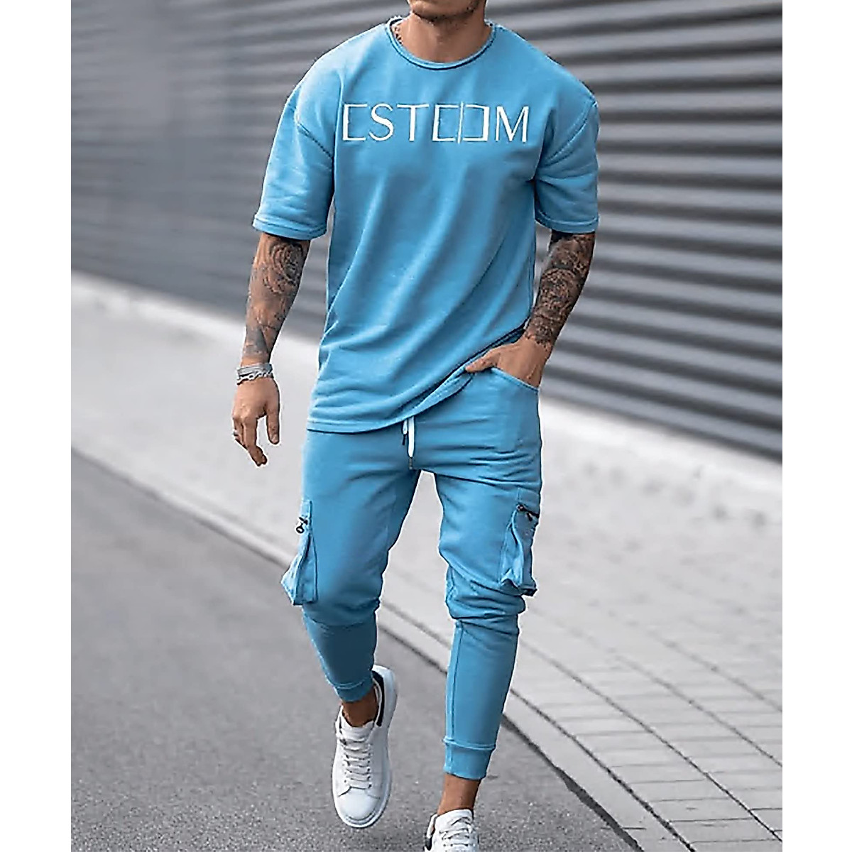 TZIISOA Men's Tracksuits 2 Piece Outfit Casual Short Sleeve Sweat (Blue,L)