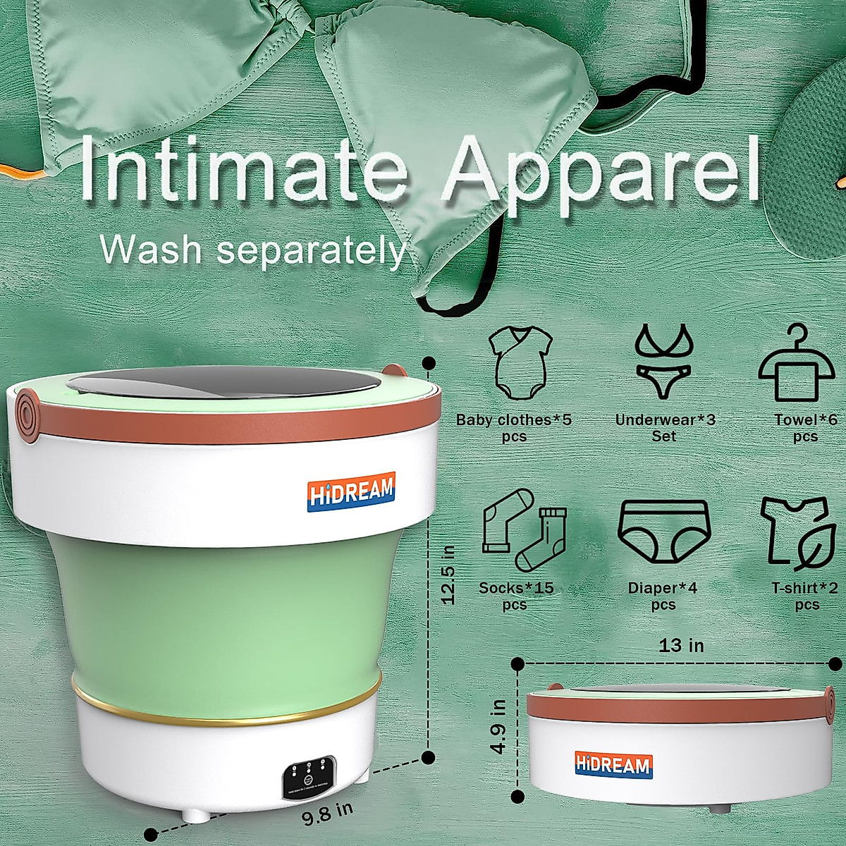 Portable Mini Washing Machine, 9 Litre Large Capacity Mini Washer for Underwear, Foldable Washing Machine with Upgraded Capacity and Round Body for Baby Clothes,Pet Garments or Other Small Items.Green