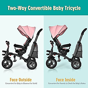 BABY JOY Toddler Tricycle, 7 in 1 Folding Steer Trike w/Rotatable Seat, Adjustable Canopy, Push Handle, Guardrail, Safety Harness, Brakes, Cup Holder & Storage, Tricycle for Toddlers Ages 1.5-5 (Pink)