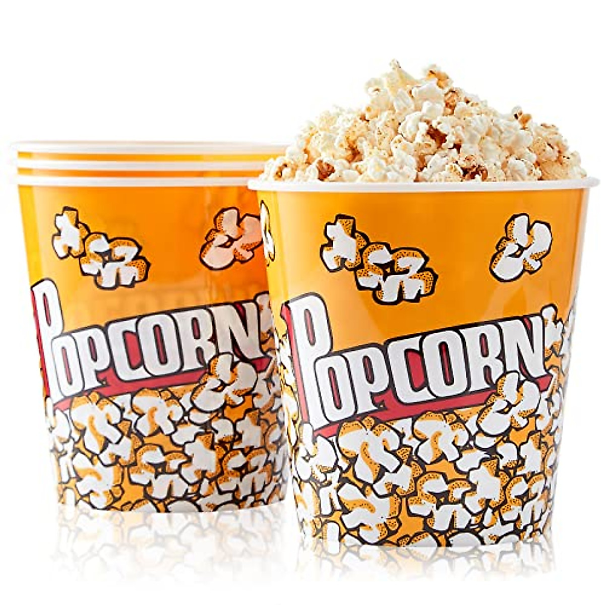 RAYMEA Plastic Popcorn Containers Retro Style Reusable Popcorn Buckets for Movie Night 7.1”x7.1”x5.1” - 4 Pack