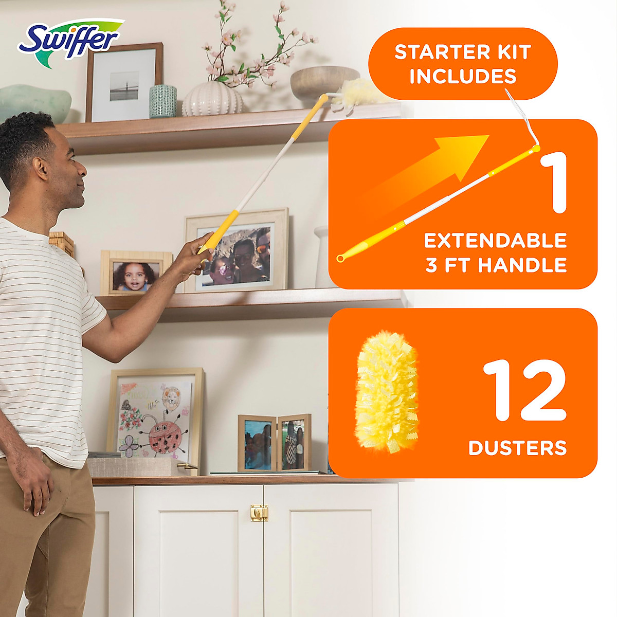 Swiffer Dusters Heavy Duty Extender Handle Starter Kit (1 Handle, 12 Dusters)