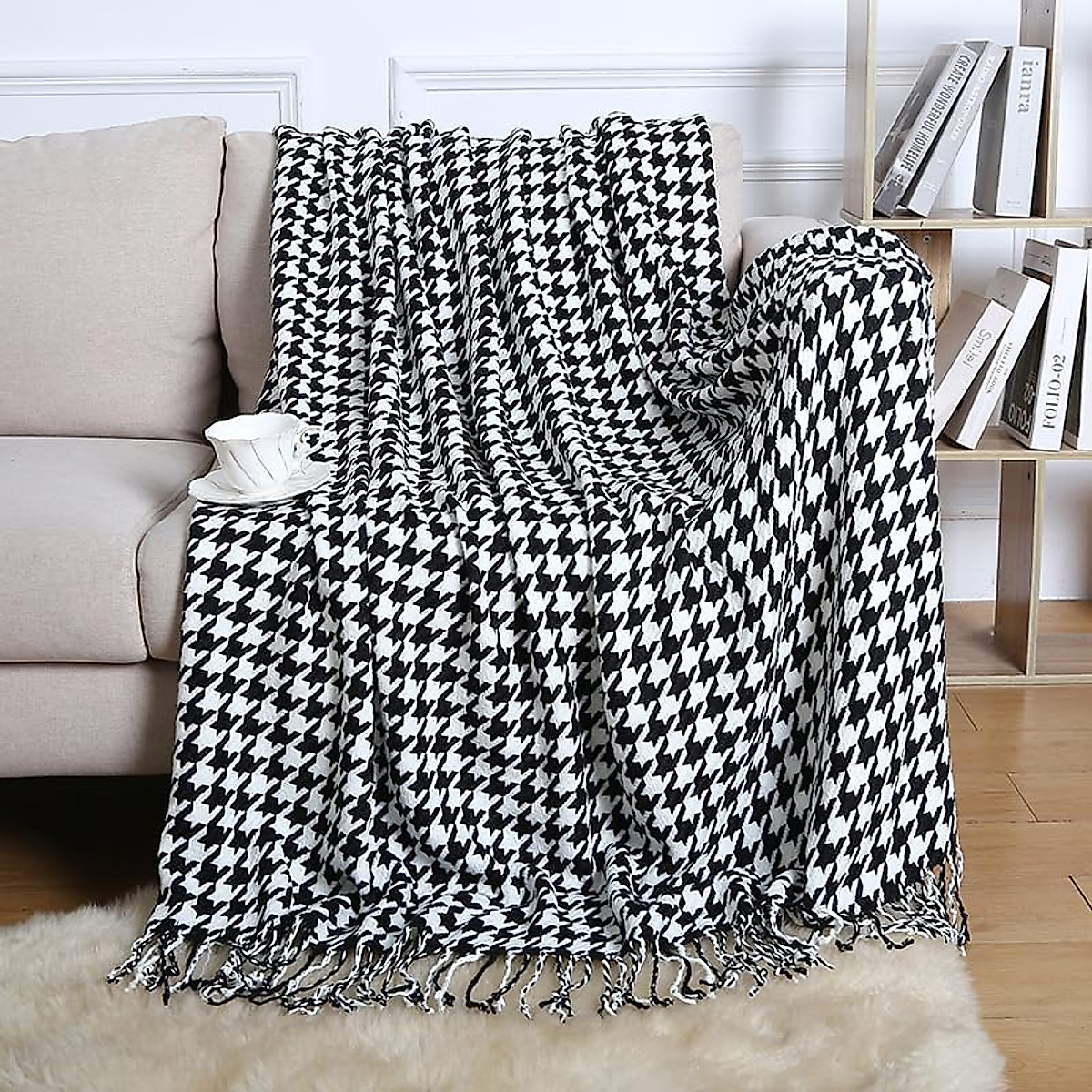RIVYOS Air Conditioning Blanket Knitted Blanket Thousand Bird Check Tassel Sofa Blanket Small Blanket Bed End American Wool Napping Blanket Quilt (Black and White, Twin(70.9''×51.2''))
