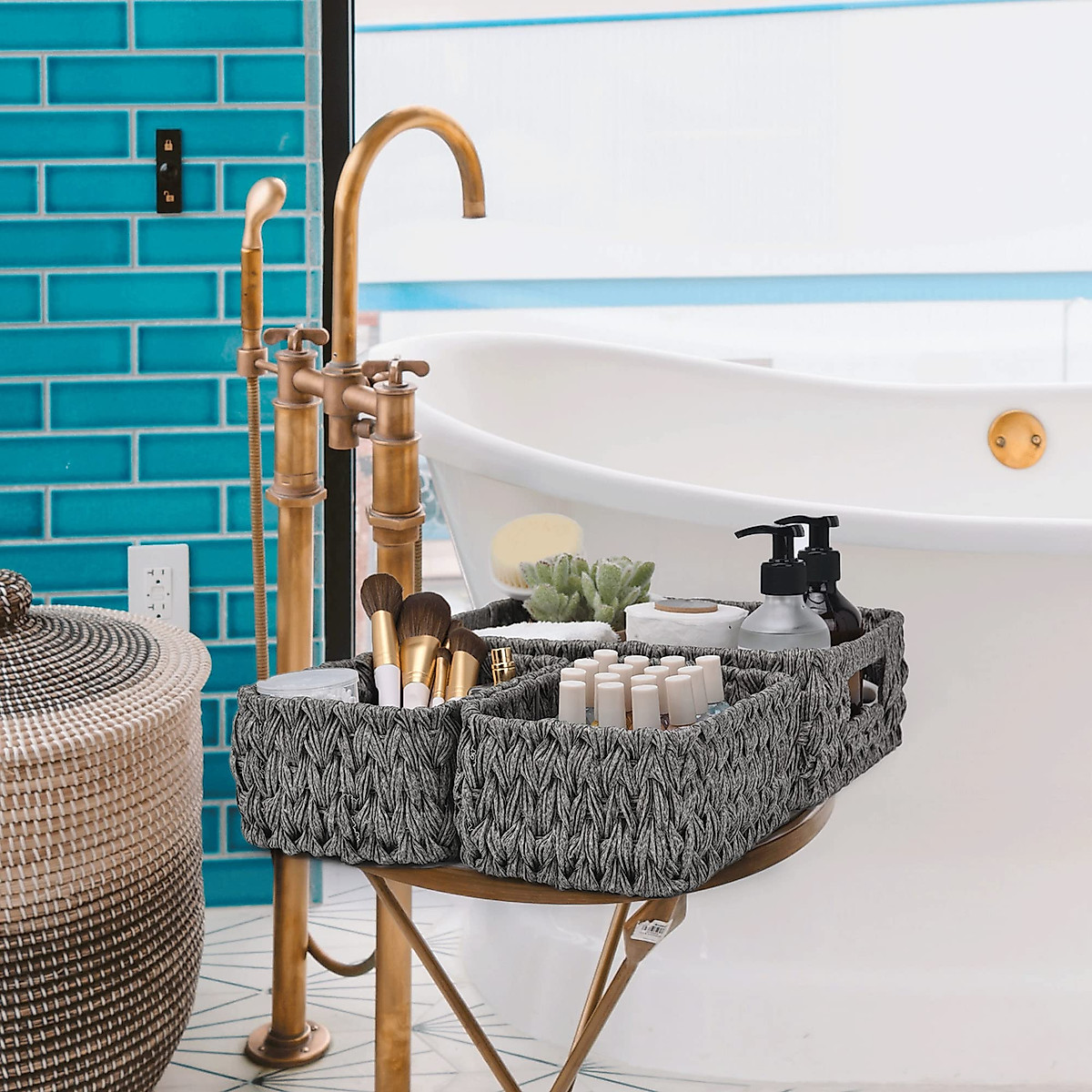 GRANNY SAYS Wicker Storage Baskets for Shelves, Baskets for Organizing, Toilet Basket TankTopper, 1 Large and 2 Small Wicker Baskets Waterproof, Gray, 3-Pack