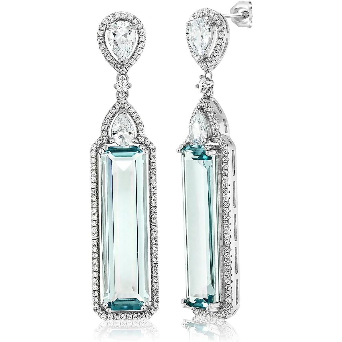 Gem Stone King 925 Sterling Silver Simulated Aquamarine Art Deco Dangle Earrings For Women (12.00 Cttw, 2 Inch)