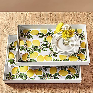 American Atelier Set of 2 Lemons and Blossoms Rectangular Serving Tray with Handles- Indoor & Outdoor Platter for Home Entertaining, Cocktail Hour, Snacks, Barware, Perfume (Large 19x14, Small 18x12)