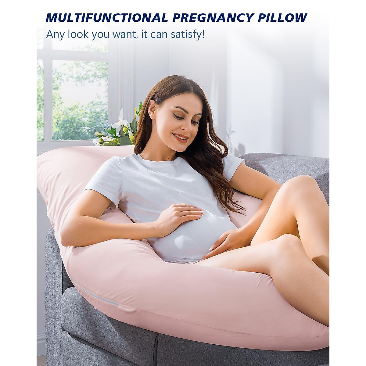 AngQi Pregnancy Pillows, U Shaped Pregnancy Body Pillow for Sleeping, 55 inch Maternity Pillow for Pregnant Women with Cooling Jersey Cover, Pink