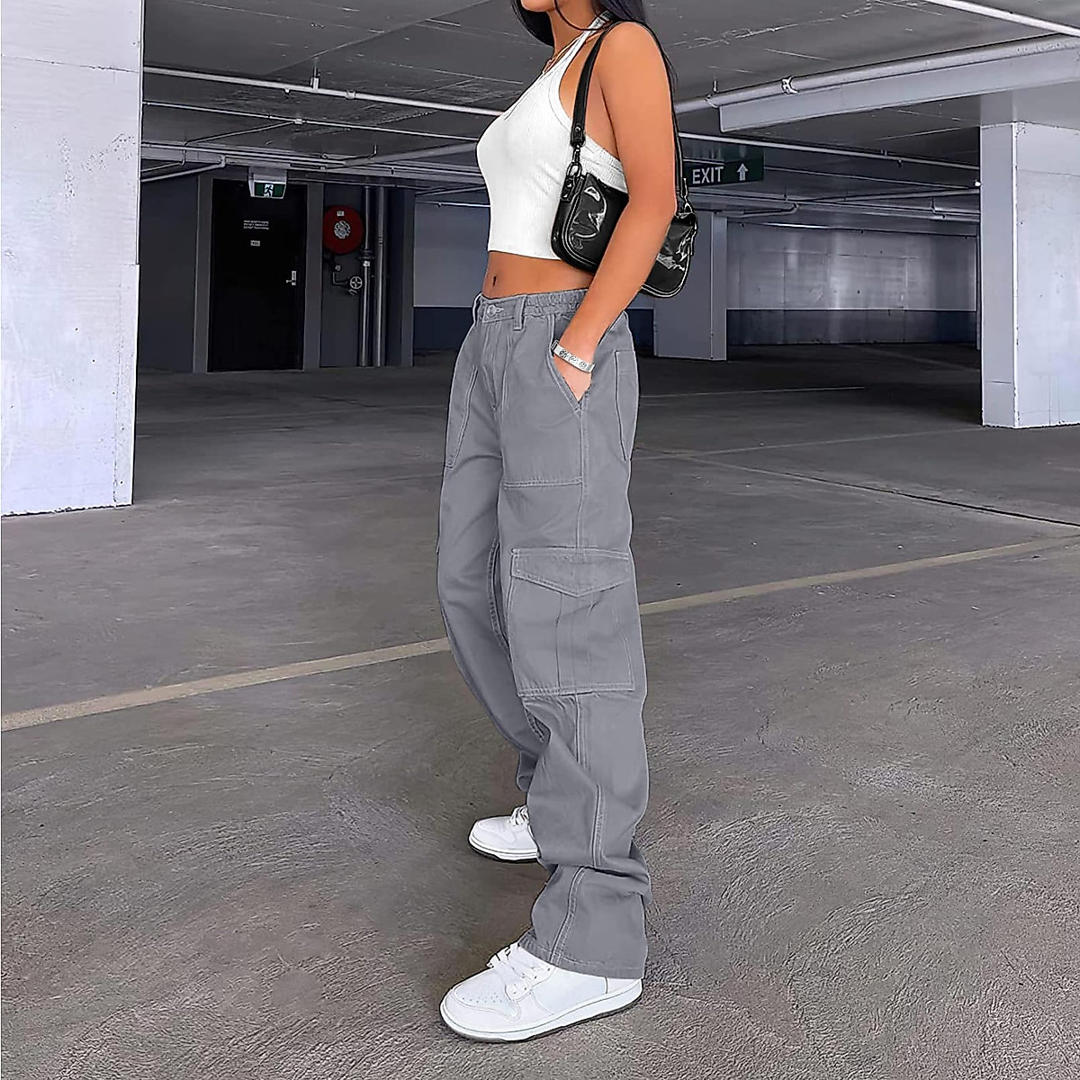 Women 6 Pockets High Waisted Cargo Pants Wide Leg Casual Pants Combat Military Trouser Blue Grey