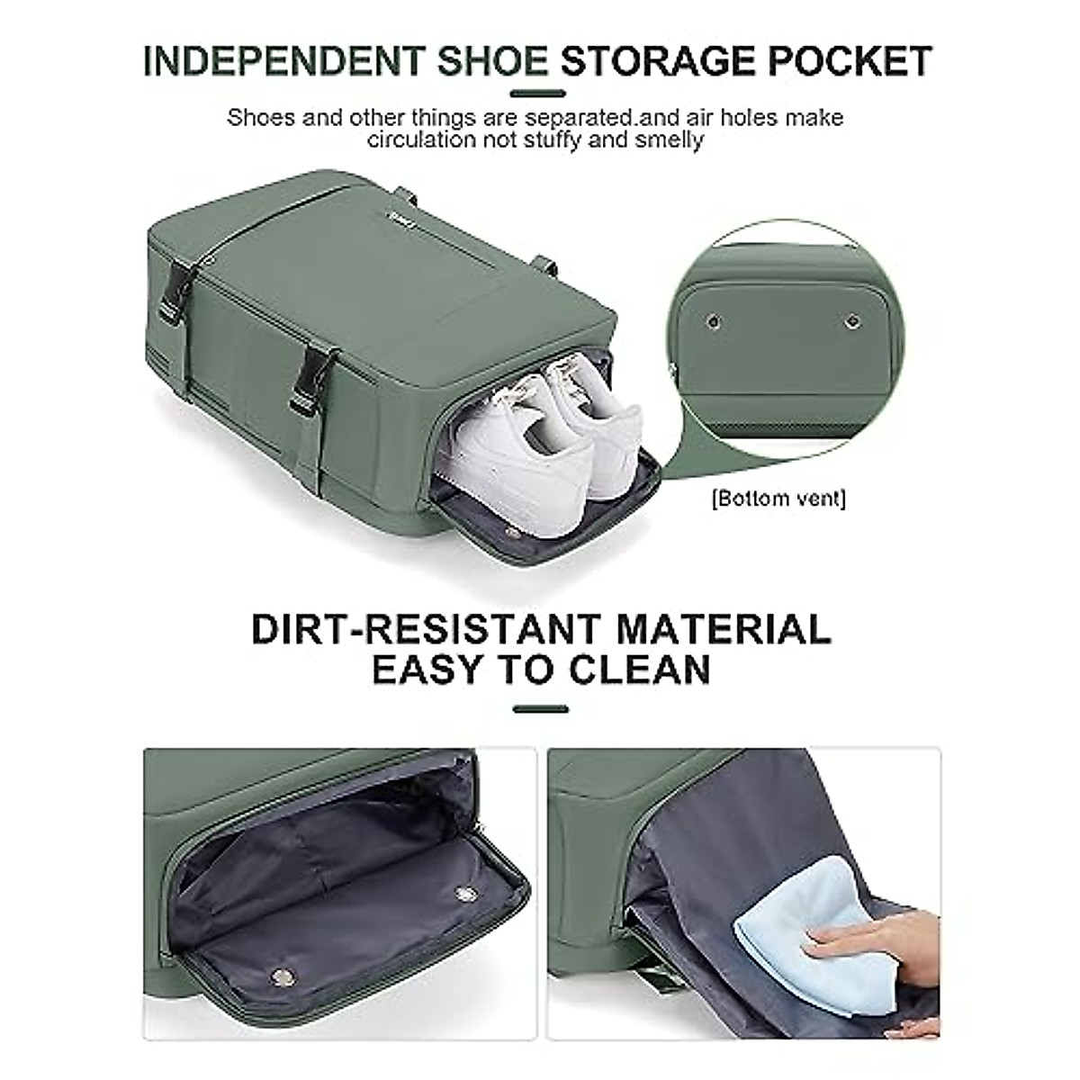 Large Travel Backpack for Women Carry On Airline Flight Approved Expandable Work Personal Item size Backpack Bag with Laptop compartment for College Men Waterproof Hiking Mochila de Viaje Green