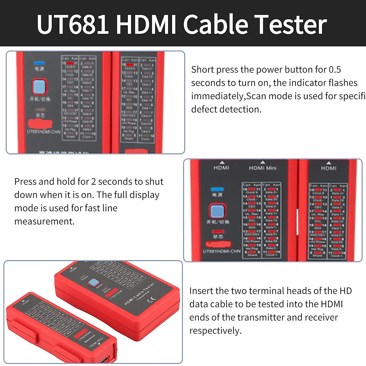 HDMI/Mini-HDMI Cable Tester,HDMI Data Cable Tester,Supports Fast scan Mode and Full Display Mode