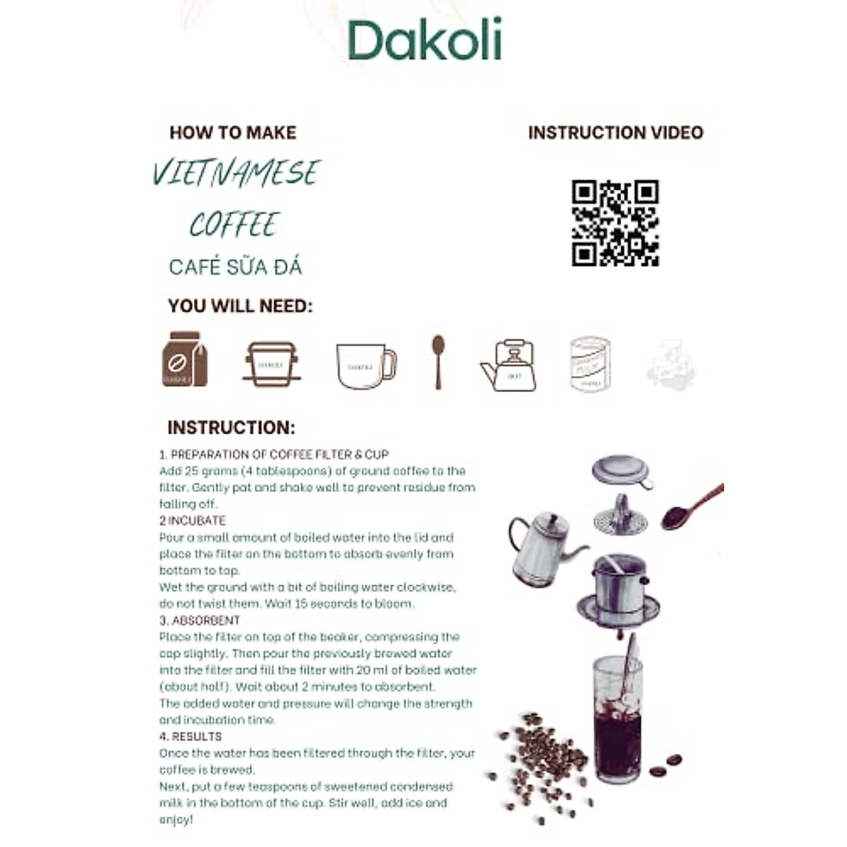 Dakoli Vietnamese Coffee Style- From The Highland Of Viet Nam, High Premium 40% Robusta Bean and 60% Arabica Bean, Medium and Dark Roast, Ground Coffee,12 Oz (340g)
